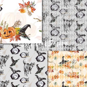 Halloween Watercolor Handpainted Paper, Seamless Patterns Moon Witch ...