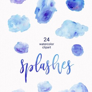 Blue Watercolor Splashes, Blue Purple Abstract Shapes Splatters Blobs ...