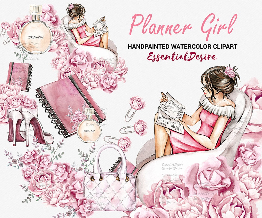 Watercolor Planner Girl Clipart Cute Pink Planner Fashion Girl Clipart ...