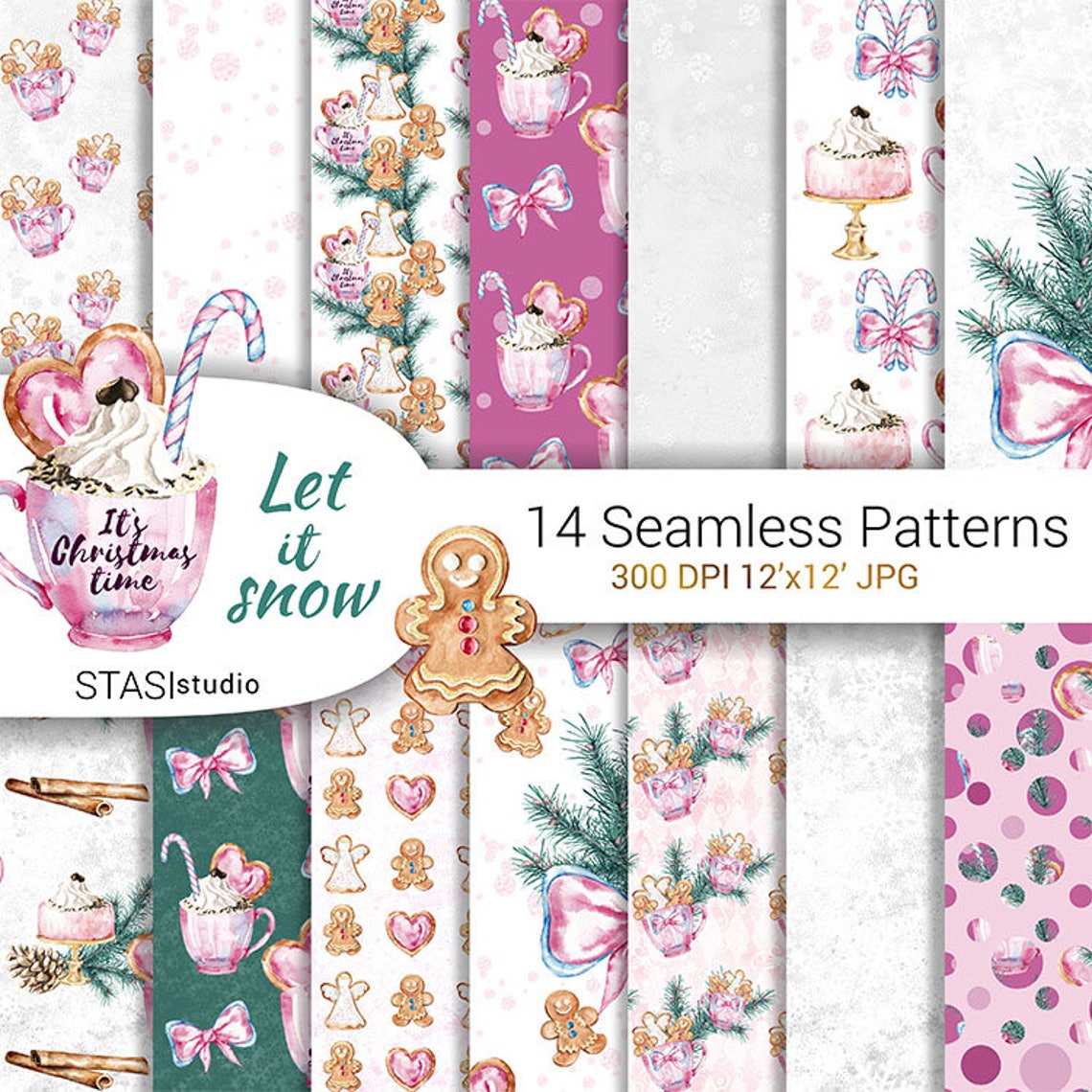 Let it Snow Christmas Watercolor Paper Seamless Patterns | Etsy