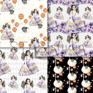 Halloween Digital Paper Witch Watercolor Pattern Cat Purple Black ...