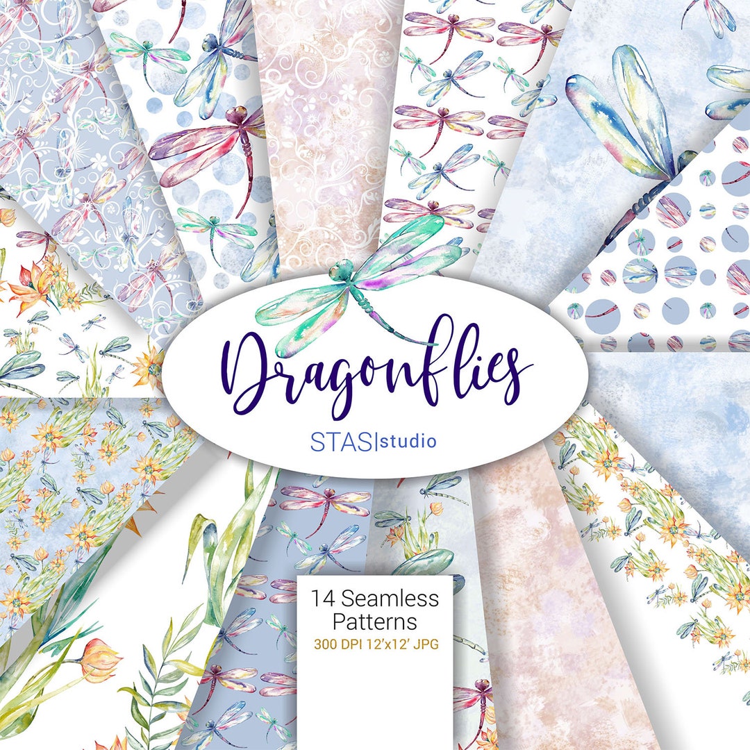 Dragonflies Watercolor Dragonfly Paper Pack Digital Fabrick Blue Green ...