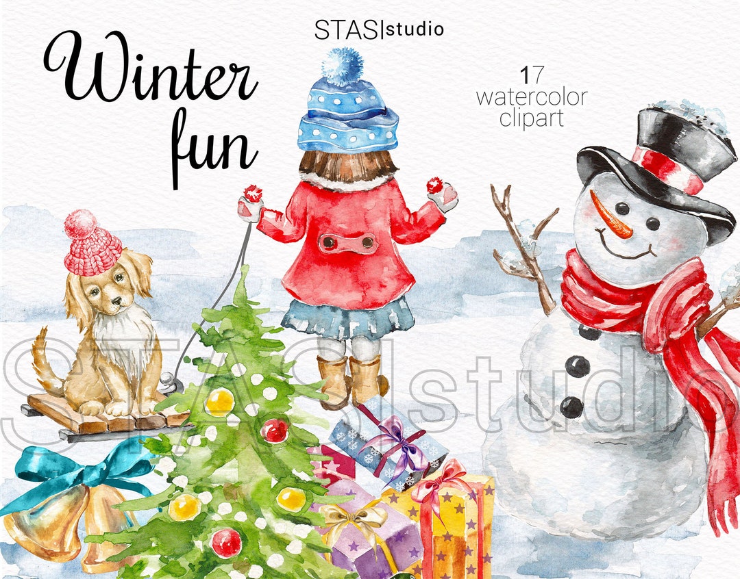 Winter Fun Watercolor Clipart Set, Christmas Clipart, Little Girl ...