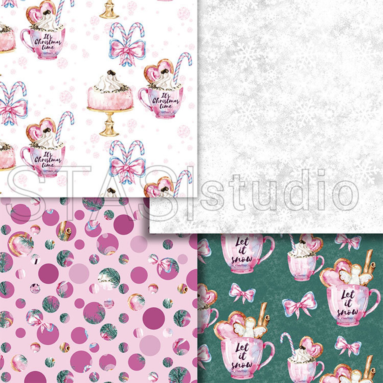 Let it Snow Christmas Watercolor Paper Seamless Patterns | Etsy