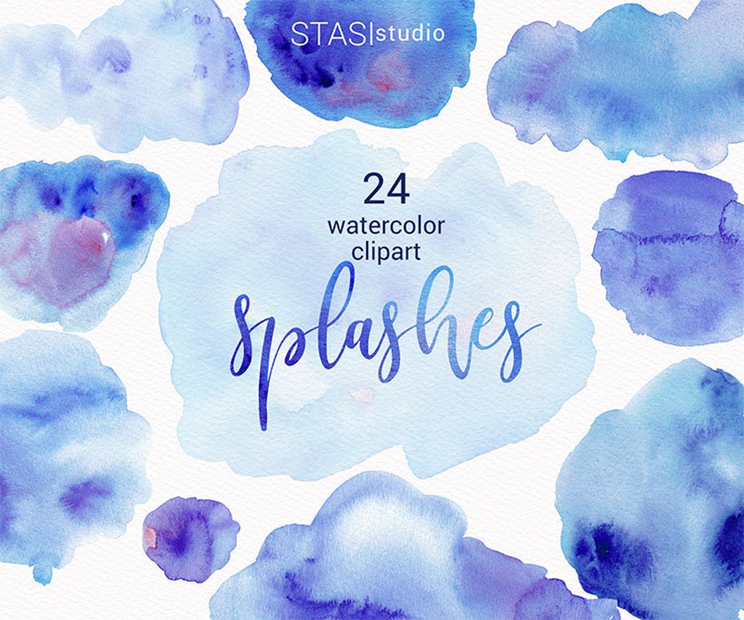 Blue Watercolor Splashes, Blue Purple Abstract Shapes Splatters Blobs ...