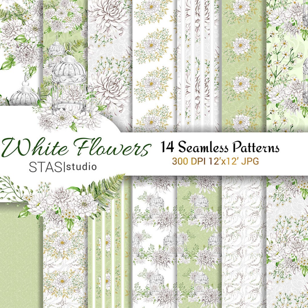 Wedding Designer Paper Seamless Patterns, White Flowers Silver Bird ...