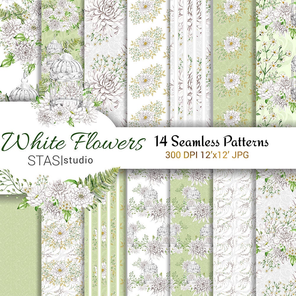 Wedding Designer Paper Seamless Patterns White Flowers Silver - Etsy