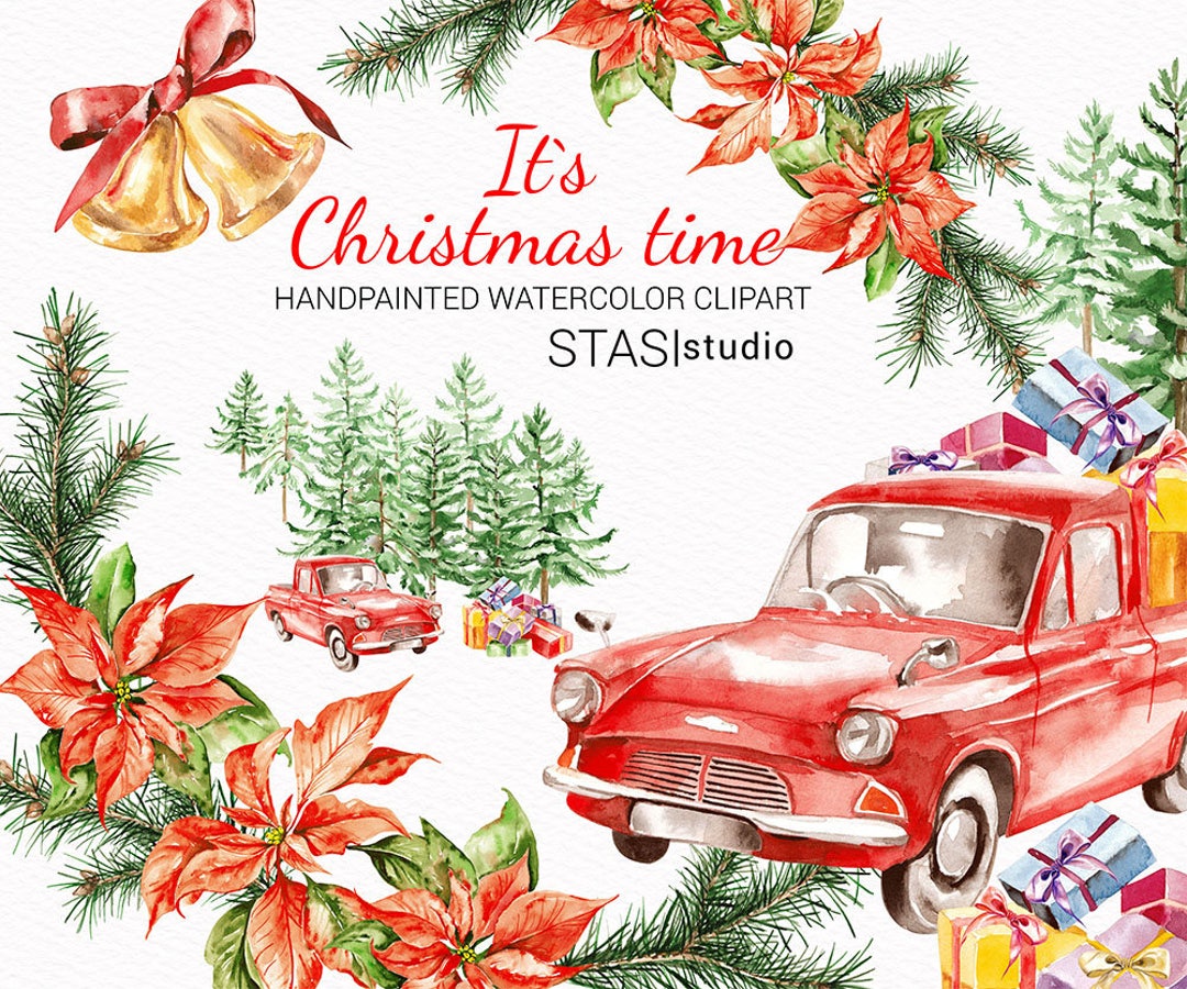 Christmas Clipart Watercolor Christmas Truck Pine Trees Forest ...