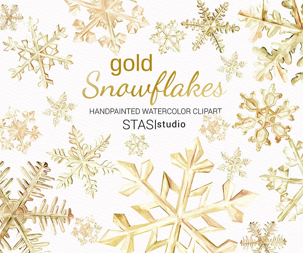 Gold Glitter Snowflakes Clipart Watercolor Winter Illustration | Etsy