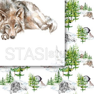 Winter Wildlife Pattern Watercolor Digital Paper Wolf Illustration Snow ...