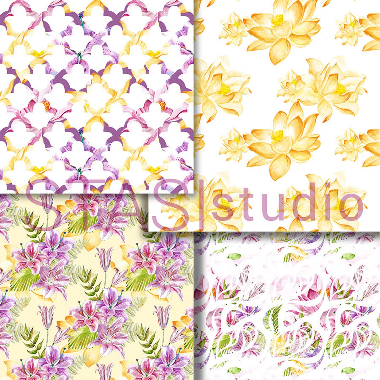 Summer Flowers Digital Paper Pink Yellow Purple Seamless - Etsy