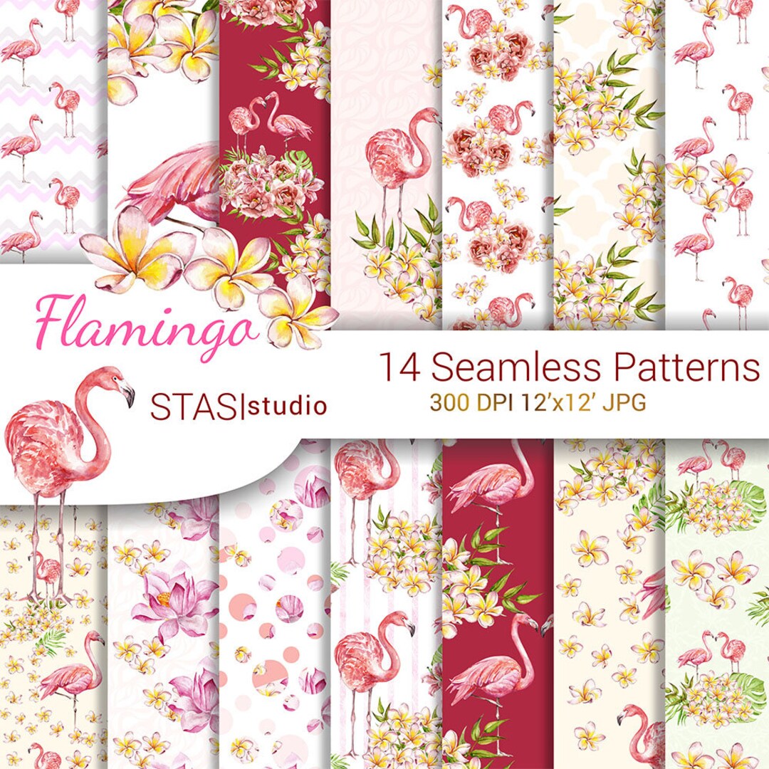 Pink Flamingo Watercolor Paper Pack Summer Floral Patterns Seamless ...