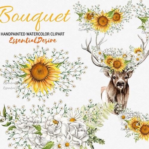 Deer Watercolor Clipart Antlers Clipart Floral Deer Rustic | Etsy
