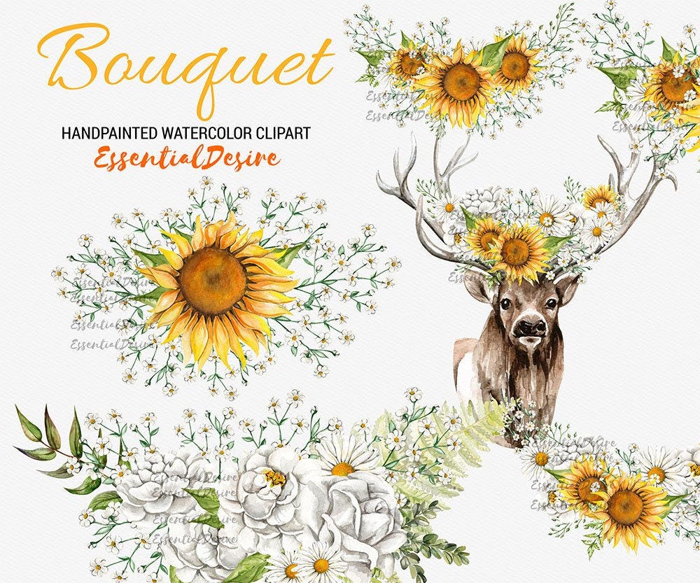 Visual Arts Sunflowers Bouquet Clipart Floral Deer Antlers Clipart ...