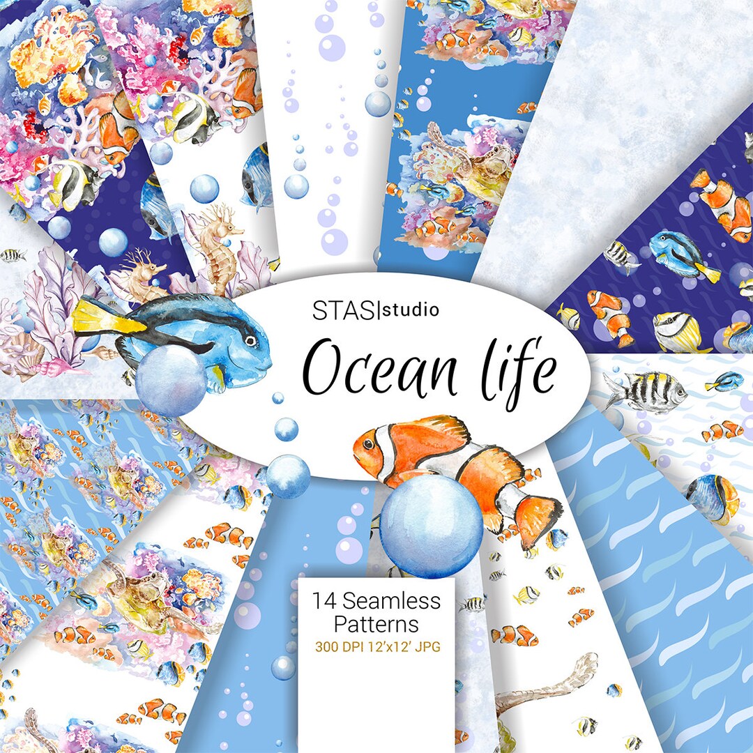 Ocean Life Watercolor Seamless Paper Set, Colorful Illustration of Sea ...