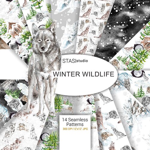 Winter Wildlife Pattern Watercolor Digital Paper Wolf - Etsy
