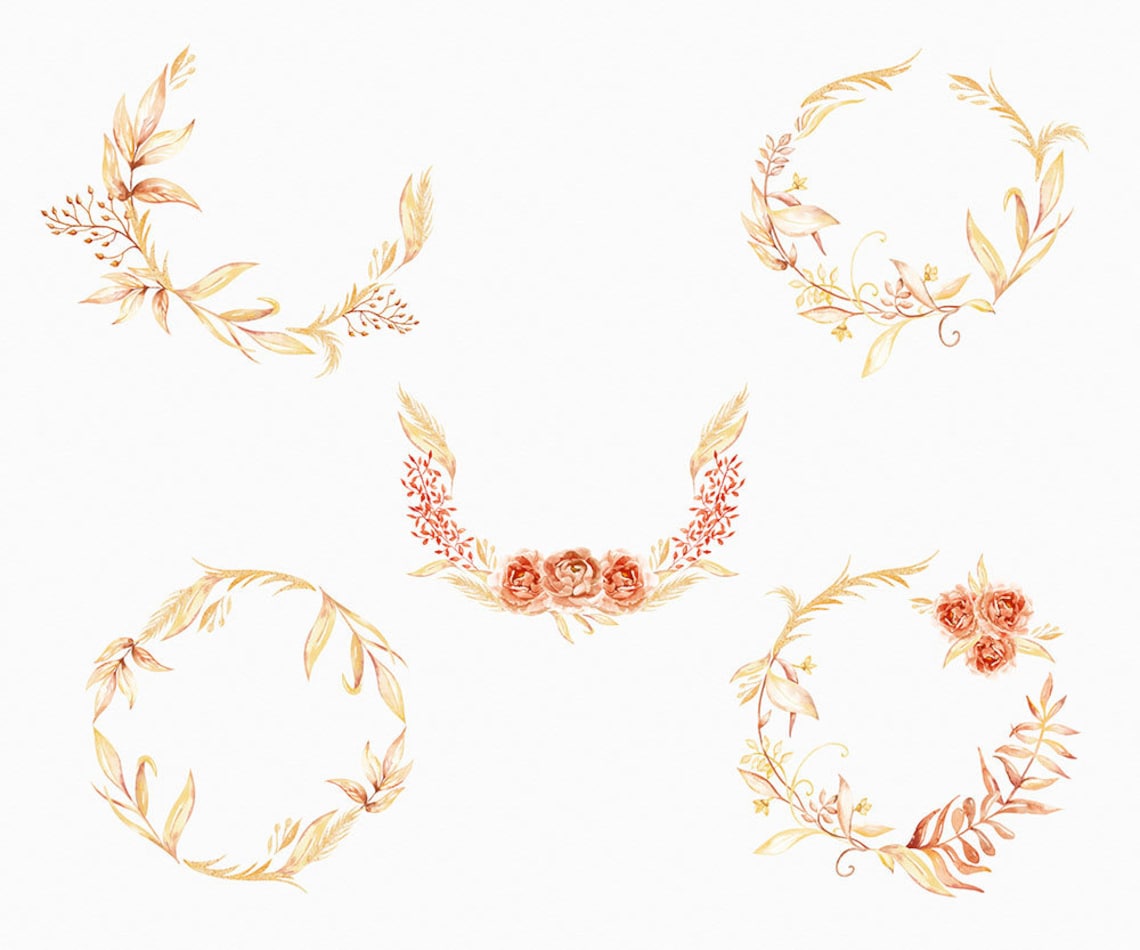 Watercolor Floral Wreaths Clip Art Gold Leaves Autumn Clipart | Etsy