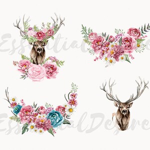 Deer Watercolor Clipart Antlers Clipart Floral Deer Rustic - Etsy