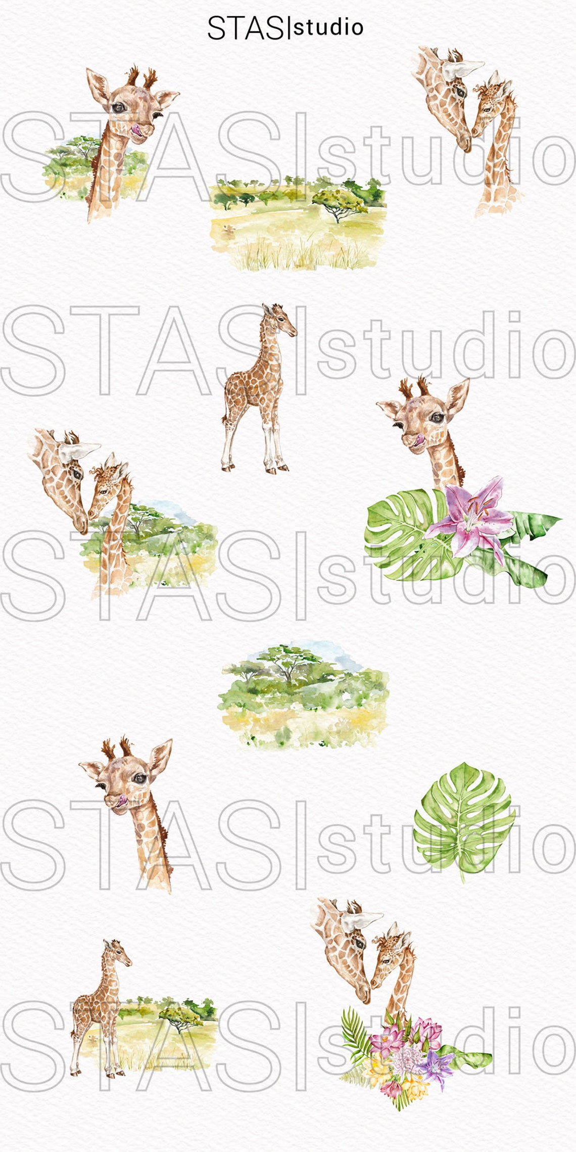 Cute Giraffes Watercolor Clipart Baby Giraffe African Wild | Etsy