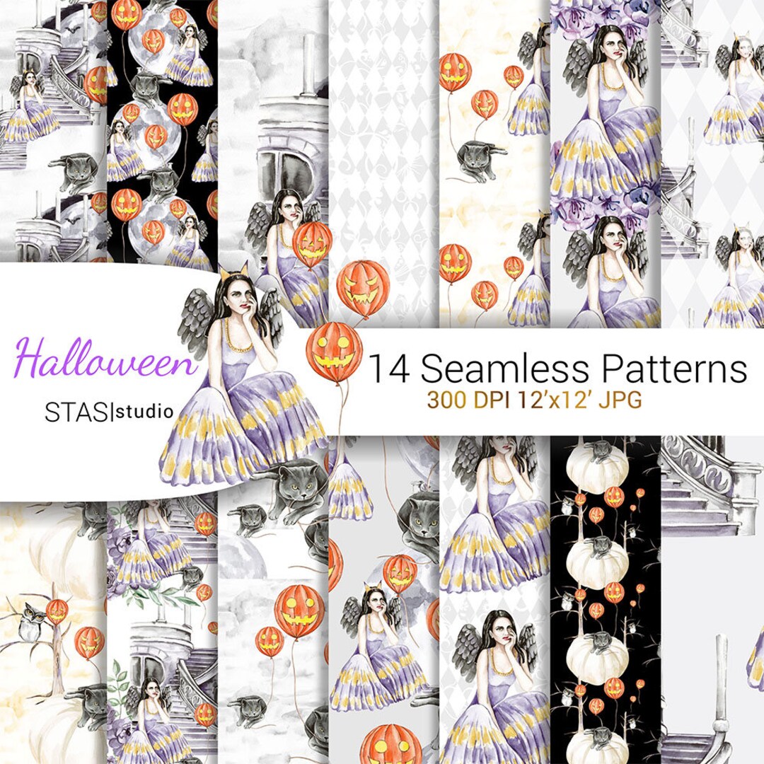 Halloween Digital Paper Witch Watercolor Pattern Cat Purple Black ...