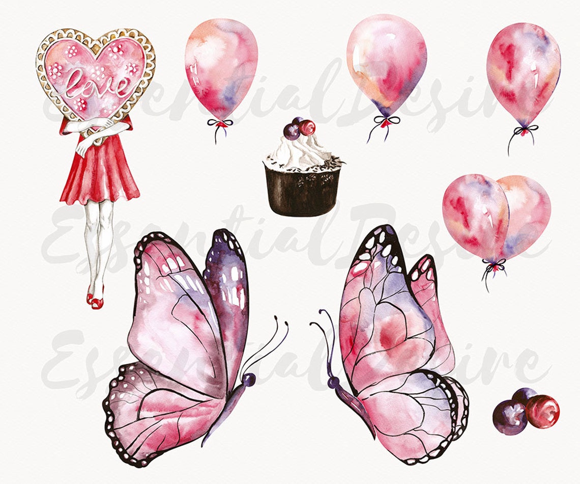 Valentines Clipart Love Clipart Pink Butterfly Romantic | Etsy