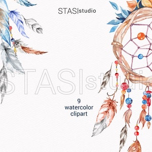 Watercolor Clipart Dreamcatcher Tribal Feathers Boho Handpainted ...