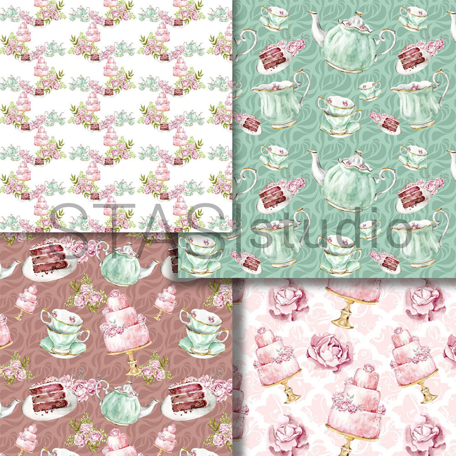 Watercolor Tea Party Seamless Patterns Pink and Mint Planner - Etsy