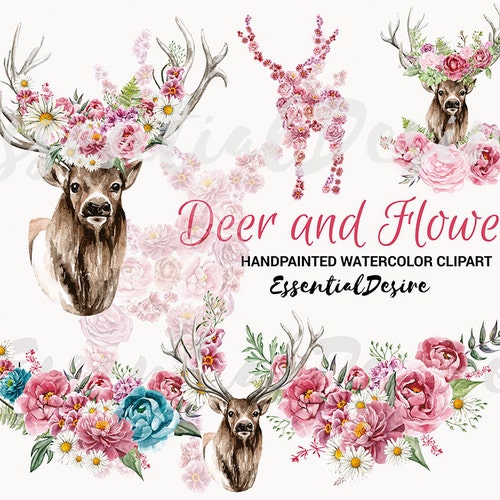 Deer Watercolor Clipart Antlers Clipart Floral Deer Rustic - Etsy