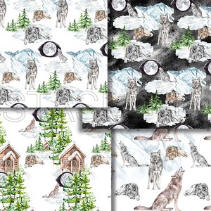 Winter Wildlife Pattern Watercolor Digital Paper Wolf Illustration Snow ...