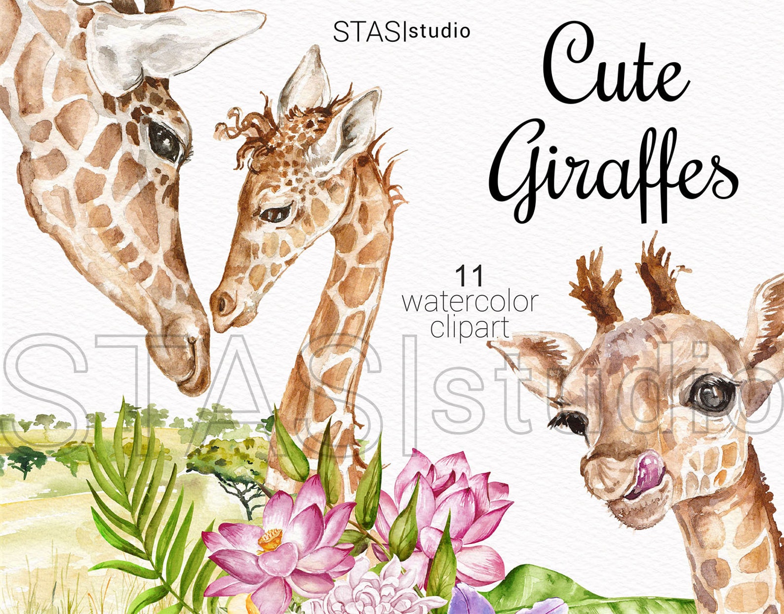Cute Giraffes Watercolor Clipart Baby Giraffe African Wild | Etsy