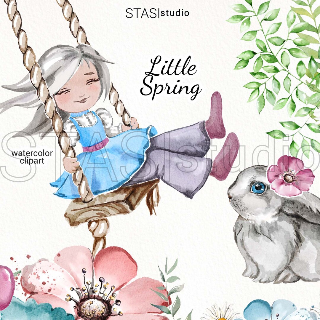 Watercolor Spring Clipart Little Girl Flowers Bunny Wreths Bouquets ...