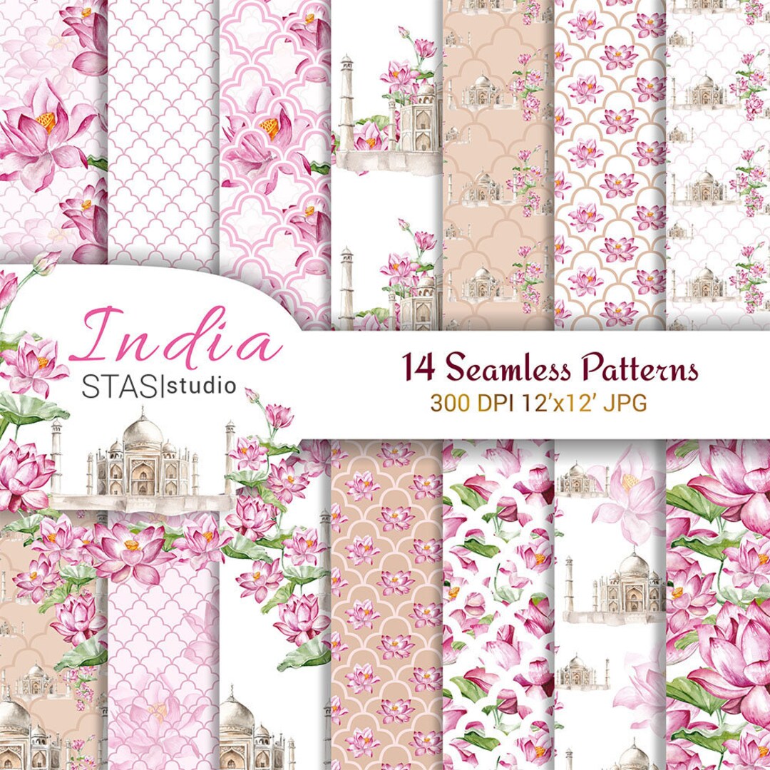 Taj Mahal Watercolor Digital Paper Pack Lotus Flowers Seamless Patterns ...