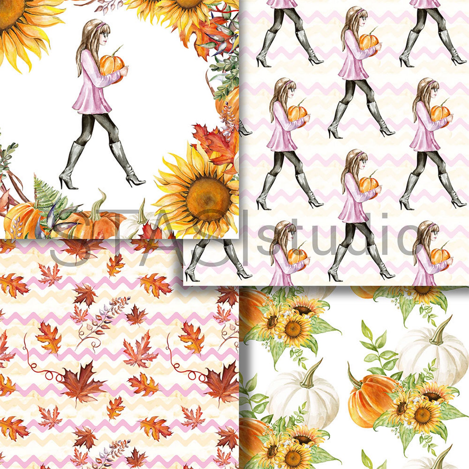 Thanksgiving Digital Paper Seamless Patterns Watercolor Autumn - Etsy