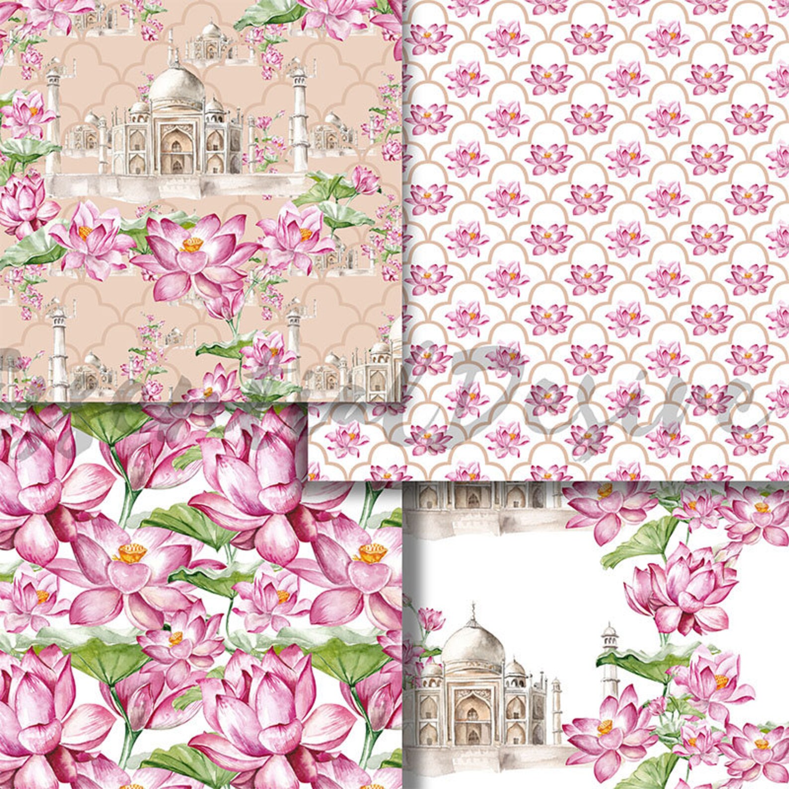 Taj Mahal Watercolor Digital Paper Pack Lotus Flowers Seamless | Etsy