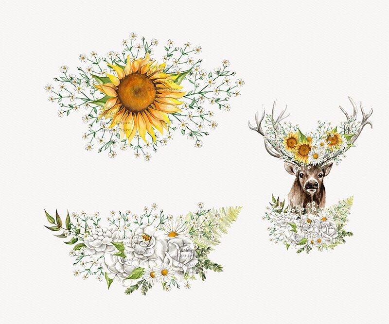 Visual Arts Sunflowers Bouquet Clipart Floral Deer Antlers Clipart ...