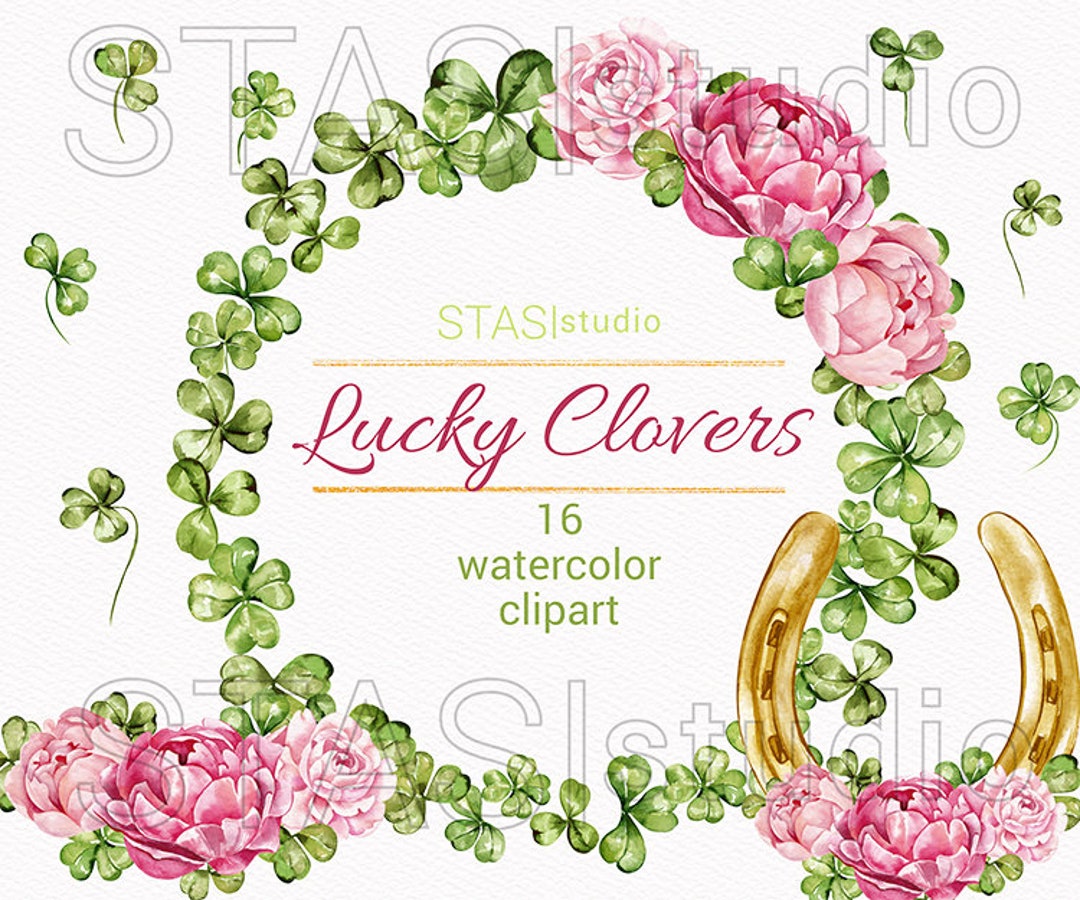 Watercolor Clover Four Leaf, St Patricks Day Clipart Shamrock Peonies ...