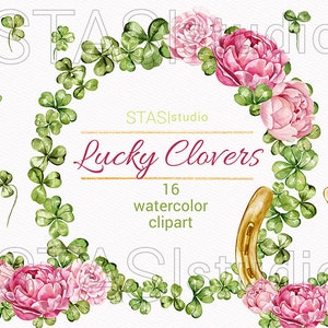 Watercolor Clover Four Leaf, St Patricks Day Clipart Shamrock Peonies ...