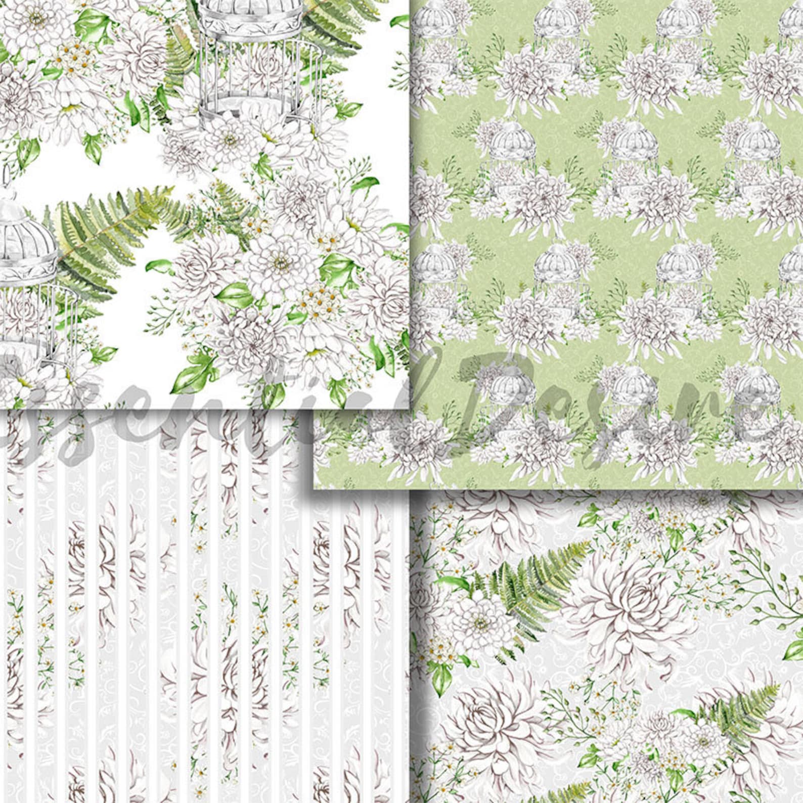 Wedding Designer Paper Seamless Patterns White Flowers Silver - Etsy