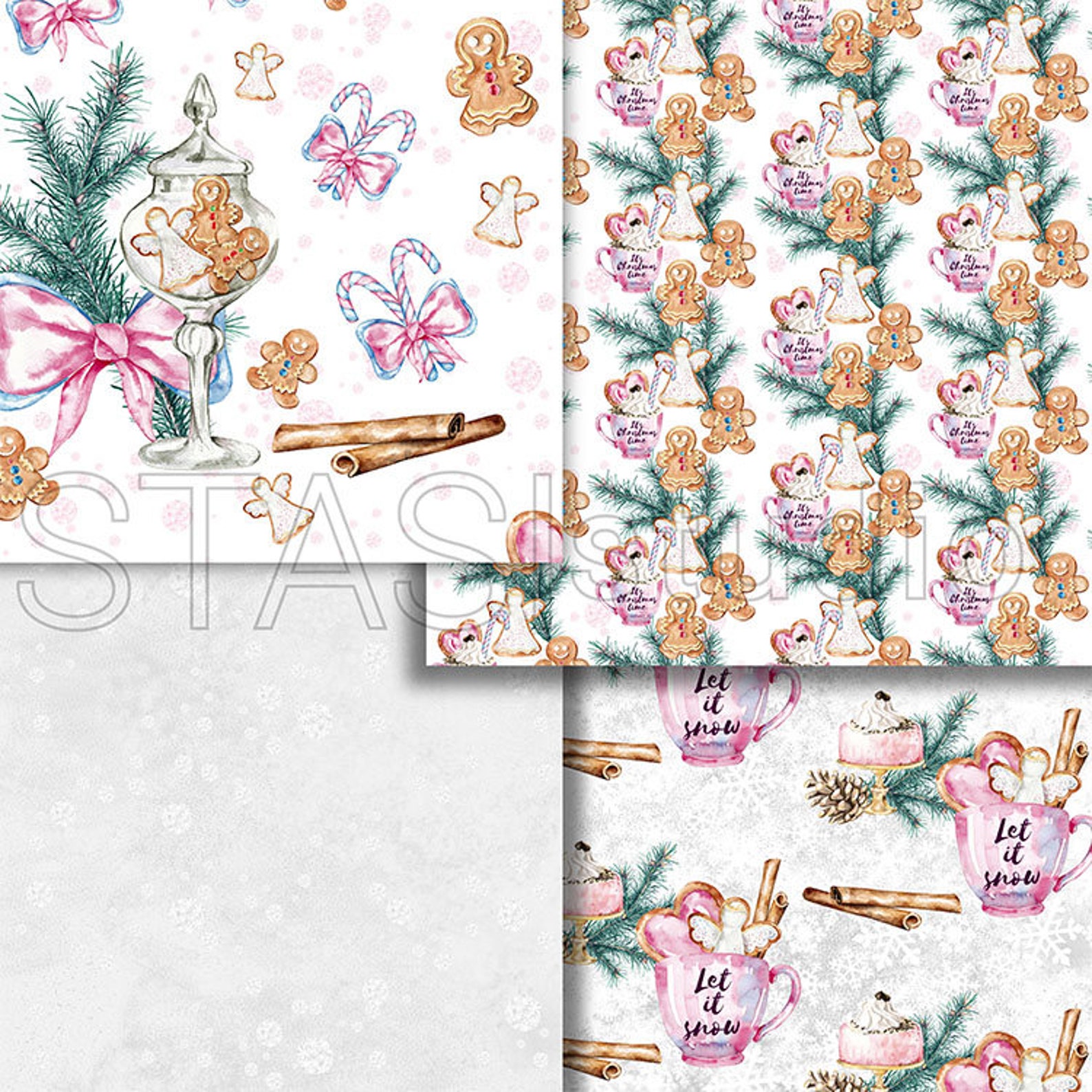 Let it Snow Christmas Watercolor Paper Seamless Patterns | Etsy