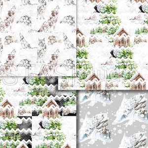 Winter Wildlife Pattern Watercolor Digital Paper Wolf Illustration Snow ...