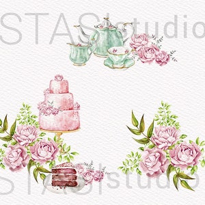 Tea Party Watercolor Clipart High Tea Illustration Mint Teapot Tea Cup ...