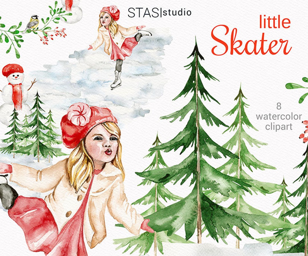 Little Skater Clipart Watercolor Winter Clipart Christmas Clipart ...