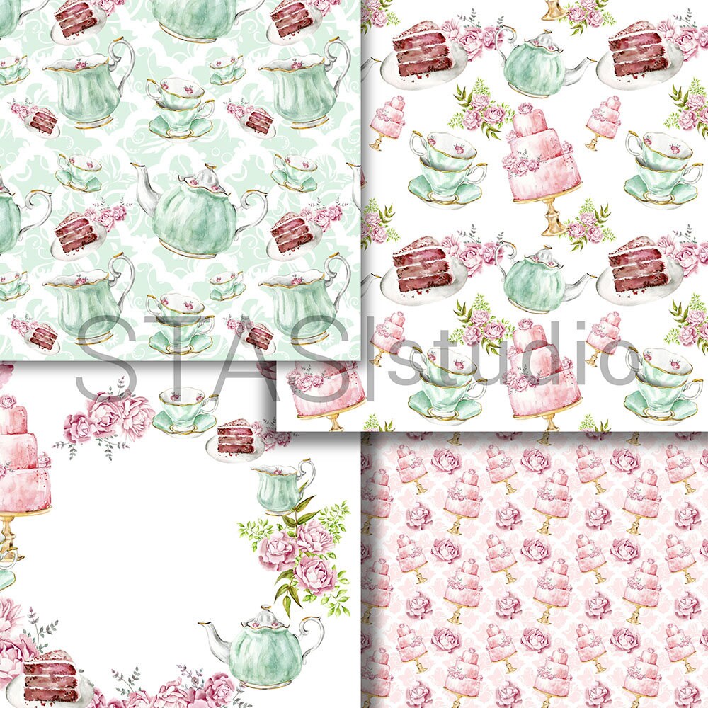 Watercolor Tea Party Seamless Patterns Pink and Mint Planner - Etsy
