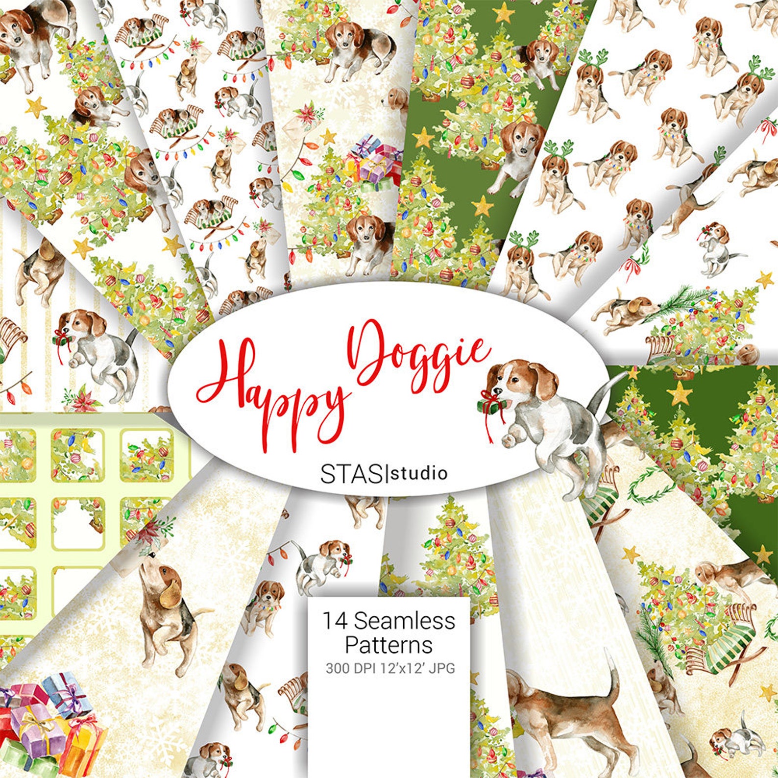 Happy Doggie Watercolor Paper Seamless Patterns Christmas | Etsy
