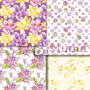 Summer Flowers Digital Paper Pink Yellow Purple Seamless Pattern Floral ...