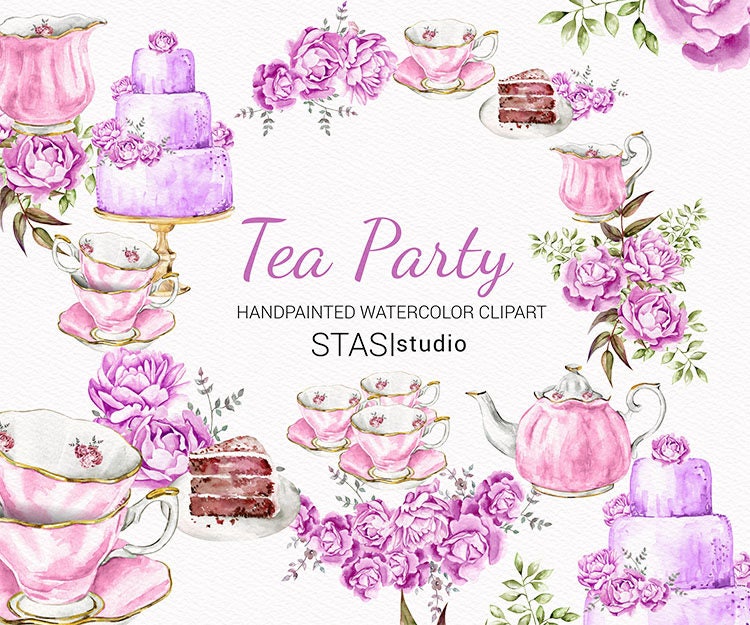 High Tea Watercolor Clipart Wreath Pink Teapot Tea Cup Cakes | Etsy