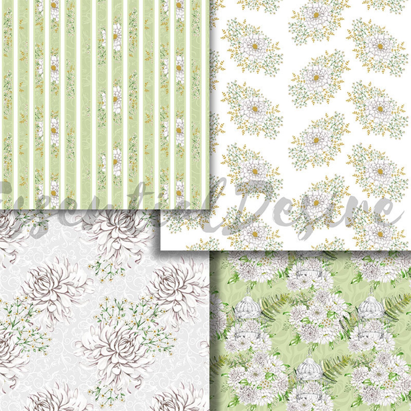 Wedding Designer Paper Seamless Patterns White Flowers Silver - Etsy
