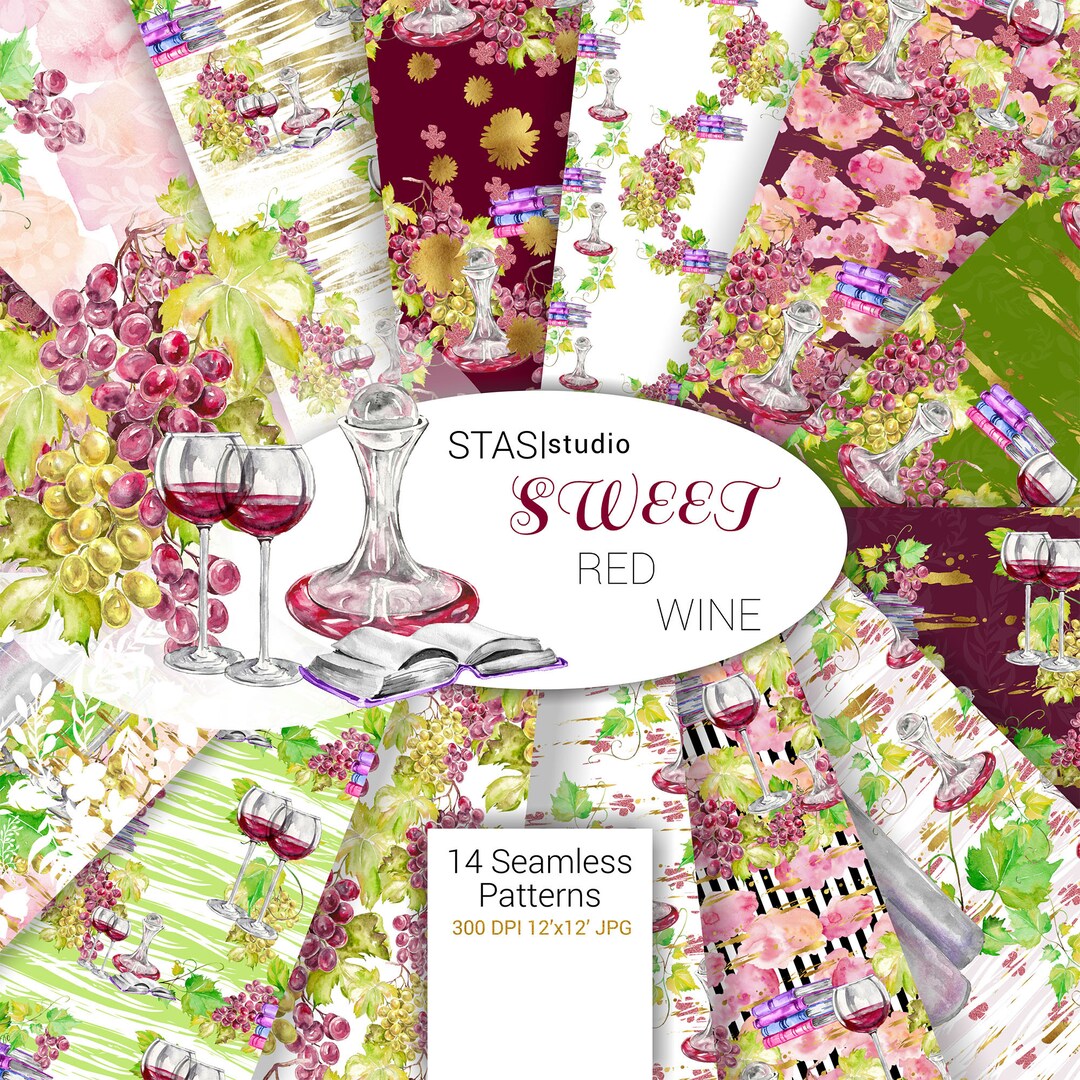 Wine Watercolor Seamless Pattern, Grape Illustration Red Green Leaf ...