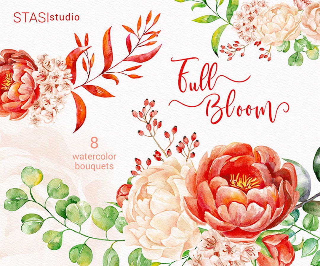 Hand Painted Floral Clipart, Watercolor Bouquets Wreath Clip Art Red ...