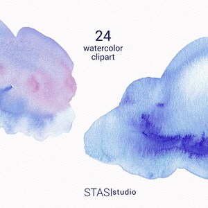 Blue Watercolor Splashes, Blue Purple Abstract Shapes Splatters Blobs ...